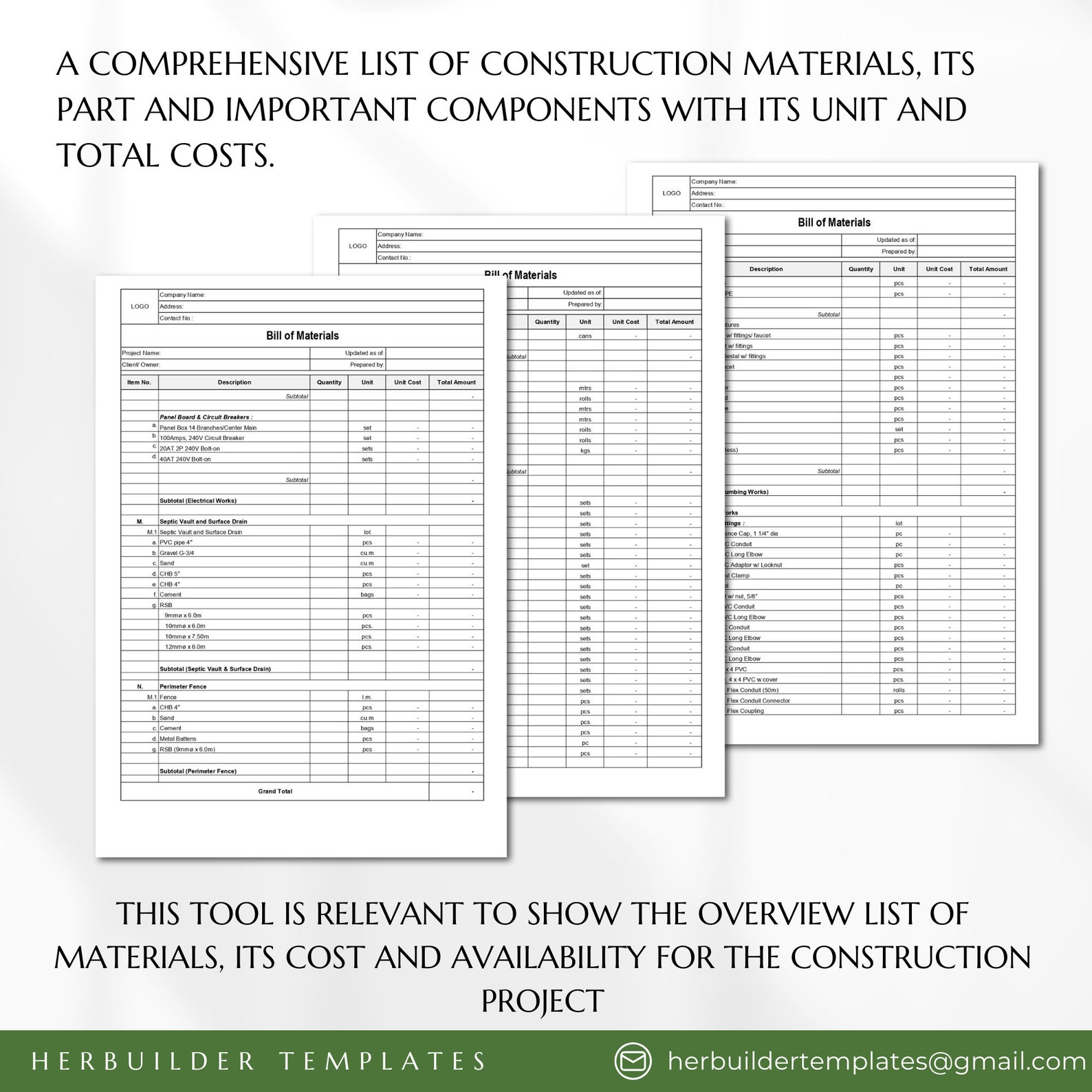 Construction Bill of Materials, Bill of Quantities, Material Quantity ...