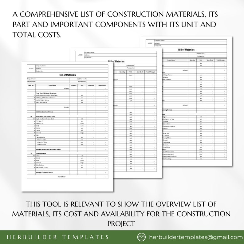 Construction Bill of Materials, Bill of Quantities, Material Quantity ...