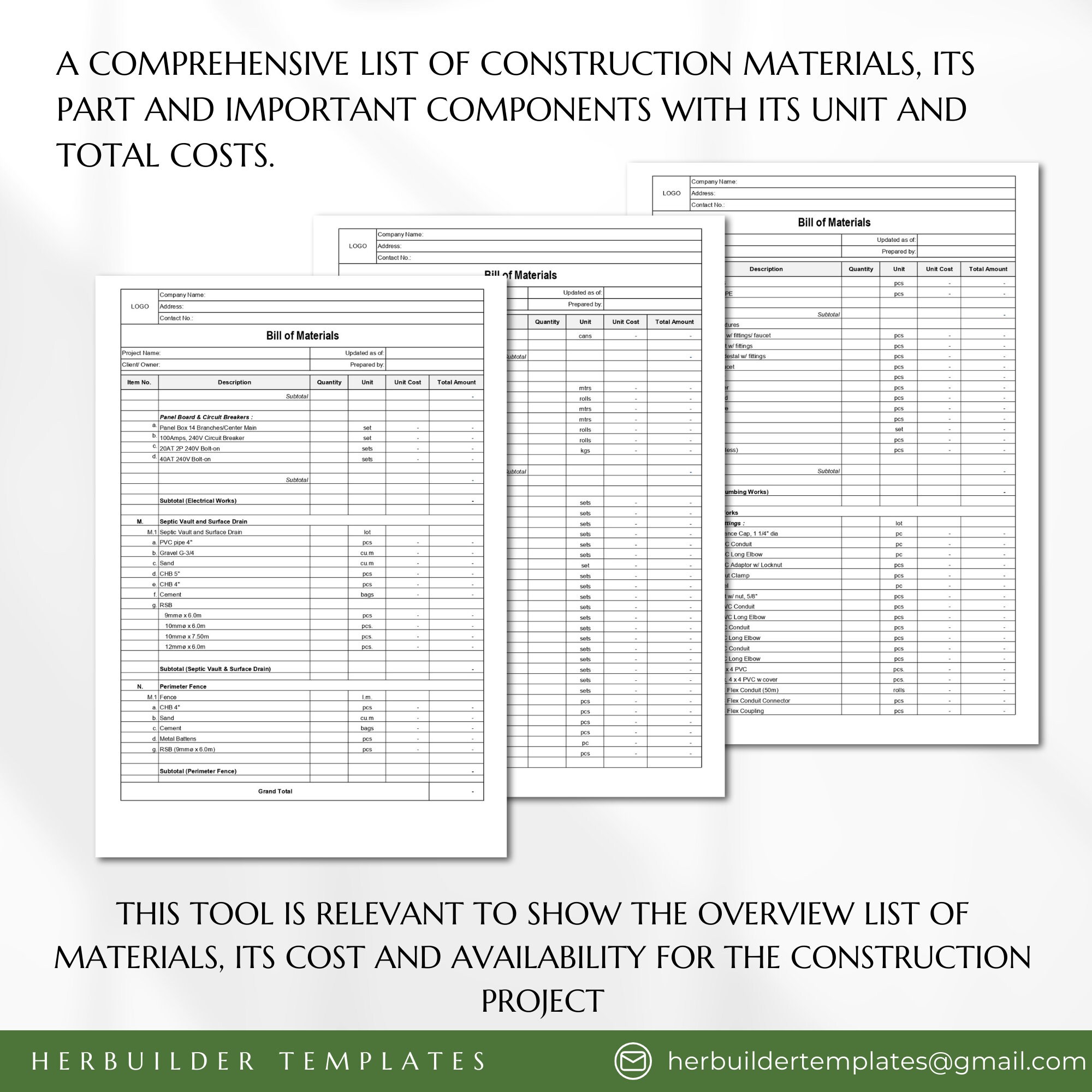 Construction Bill of Materials, Bill of Quantities, Material Quantity ...
