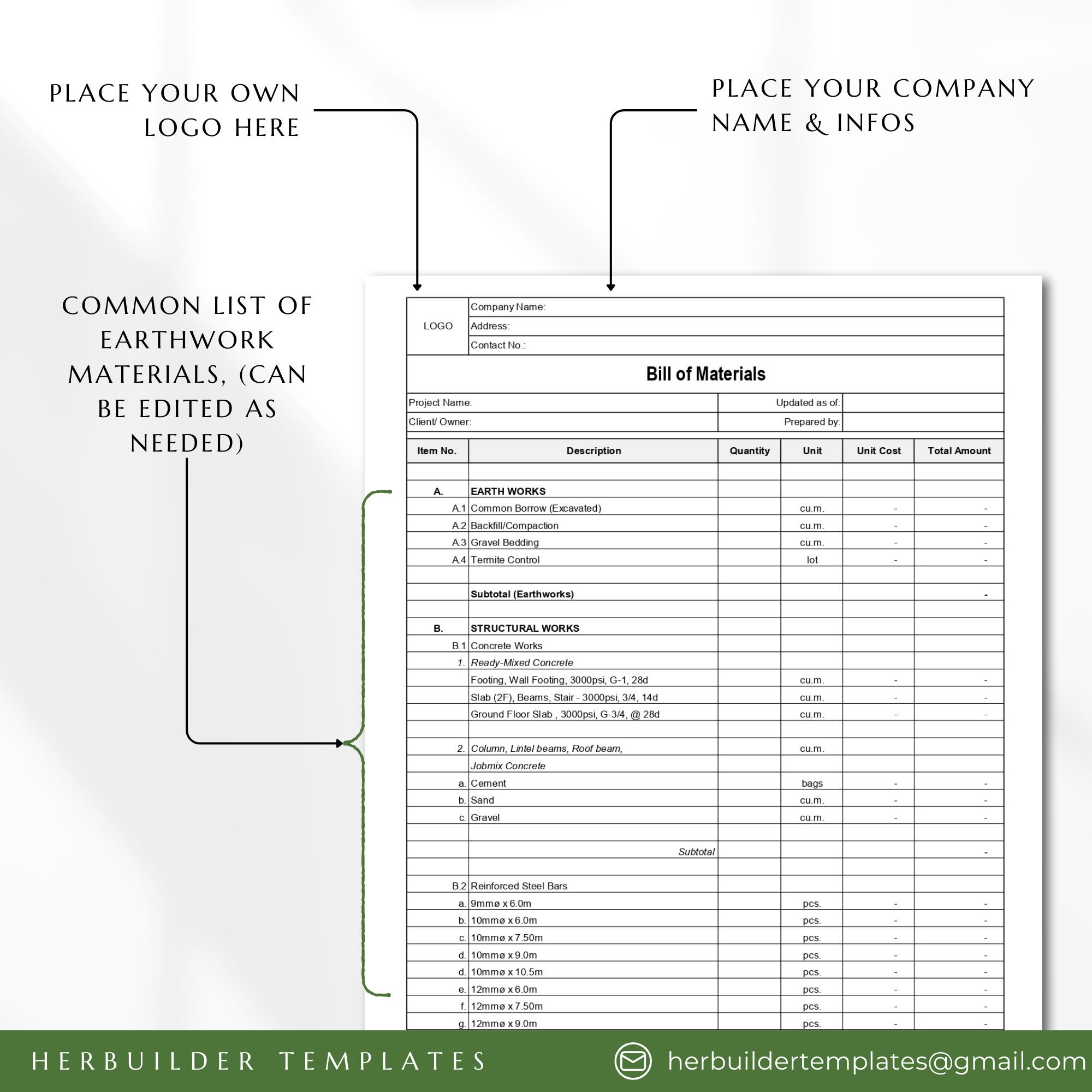 Construction Bill of Materials, Bill of Quantities, Material Quantity ...