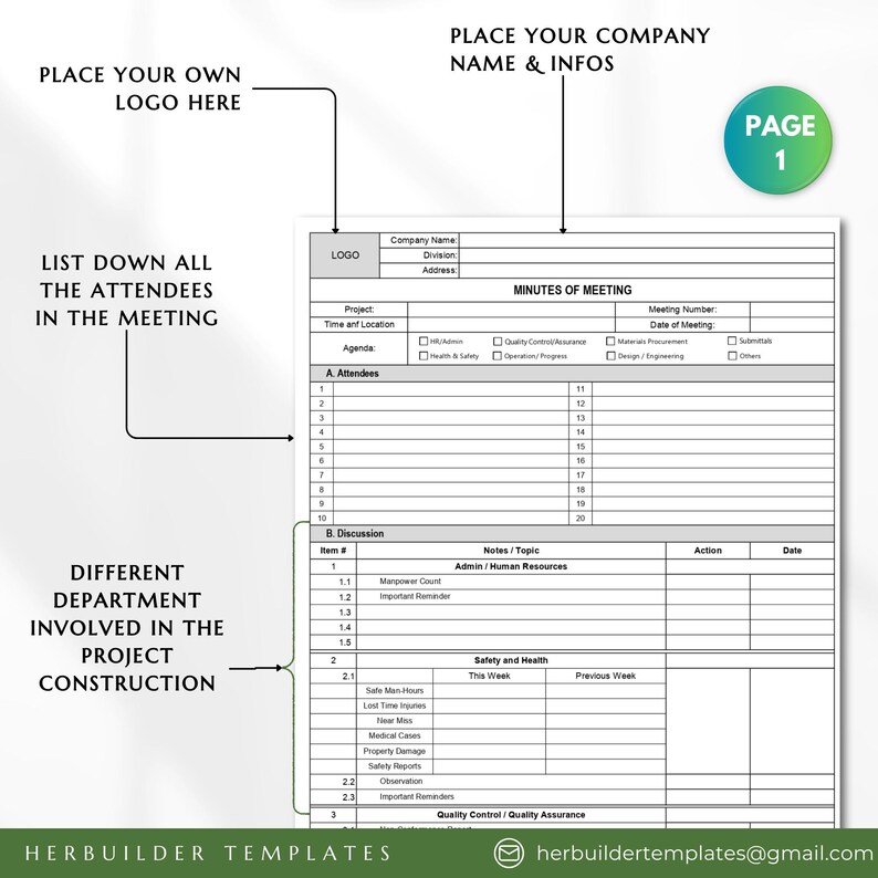 Construction Minutes of Meeting Template, Meeting Form, Meeting ...