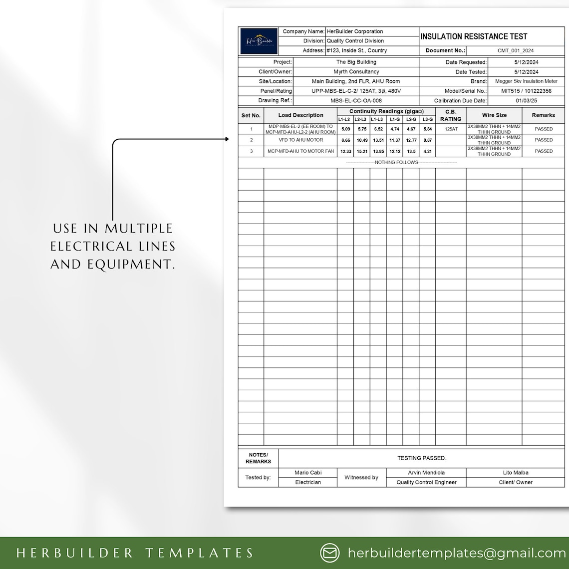 Insulation Resistance Test Form, Electrical Insulation Test, Electrical ...