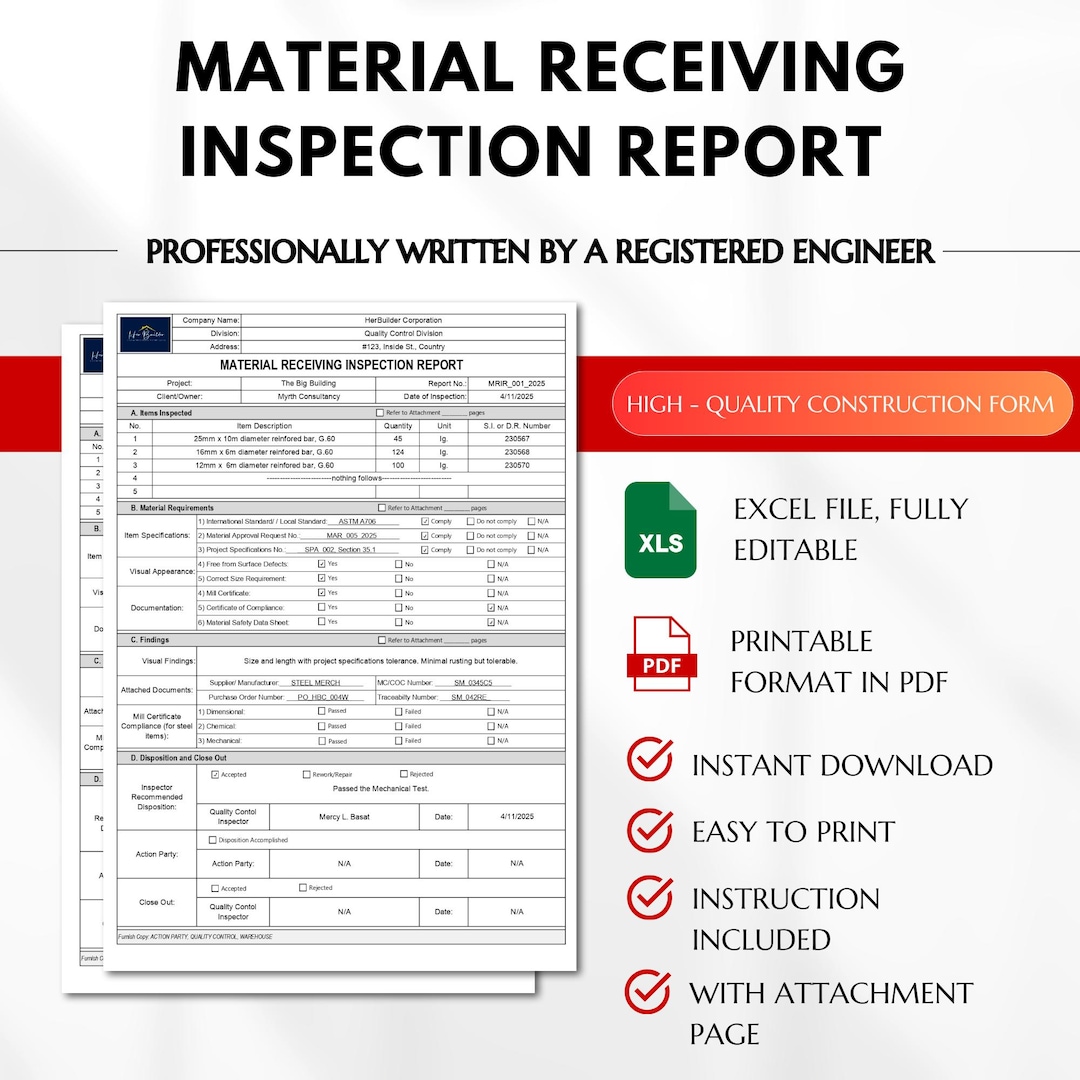 Material Receiving Inspection Report, Quality Control Inspection Report ...