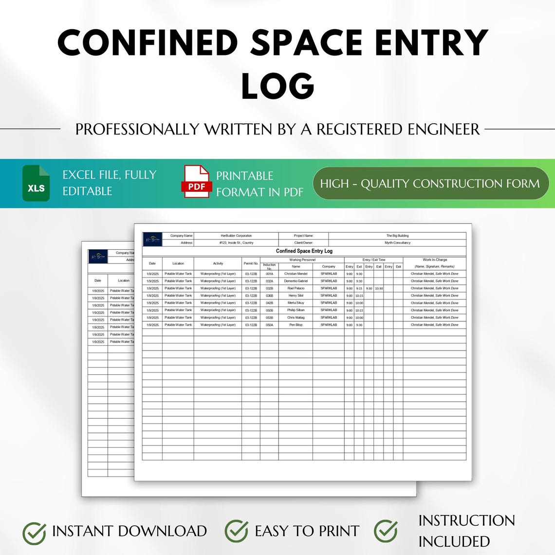 Confined Space Entry Log, Confine Space Entry Register, Log-in and Out for Confined Space ...