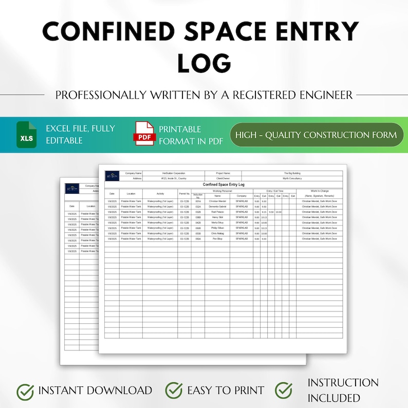 Confined Space Entry Log, Confine Space Entry Register, Log-in and Out for Confined Space ...