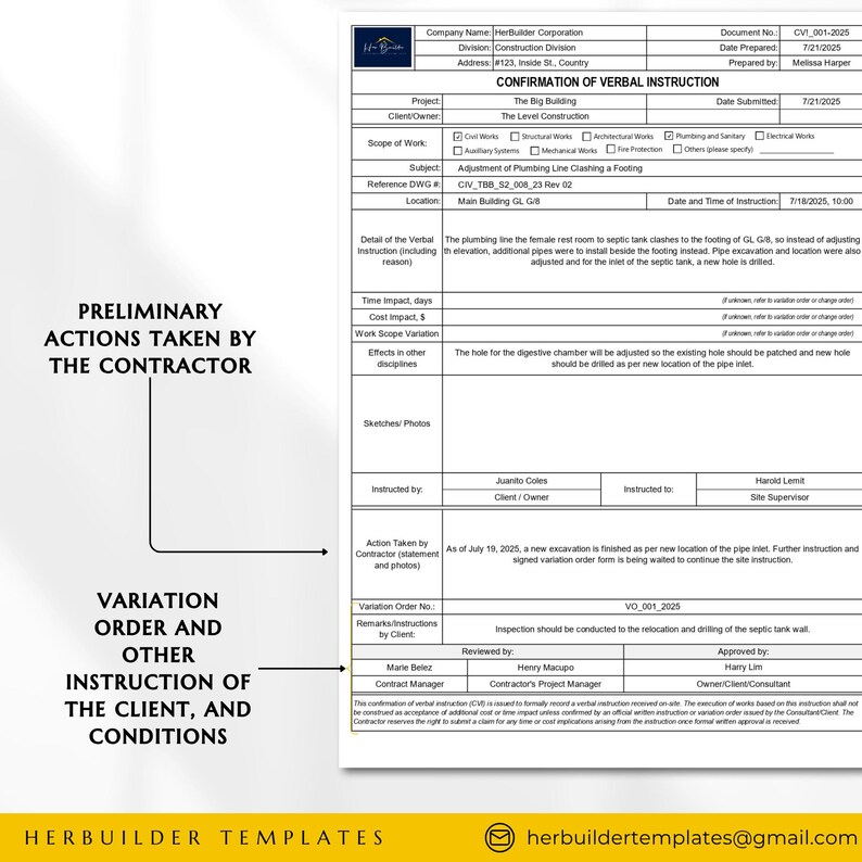 Confirmation of Verbal Instruction Form, Site Instruction Form, Change ...