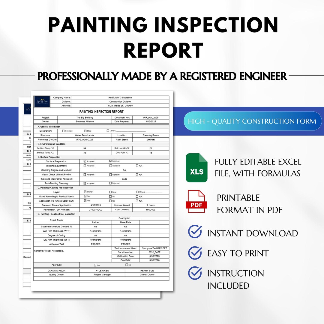Painting Inspection Report, Paint Inspection Record, Paint Acceptance ...
