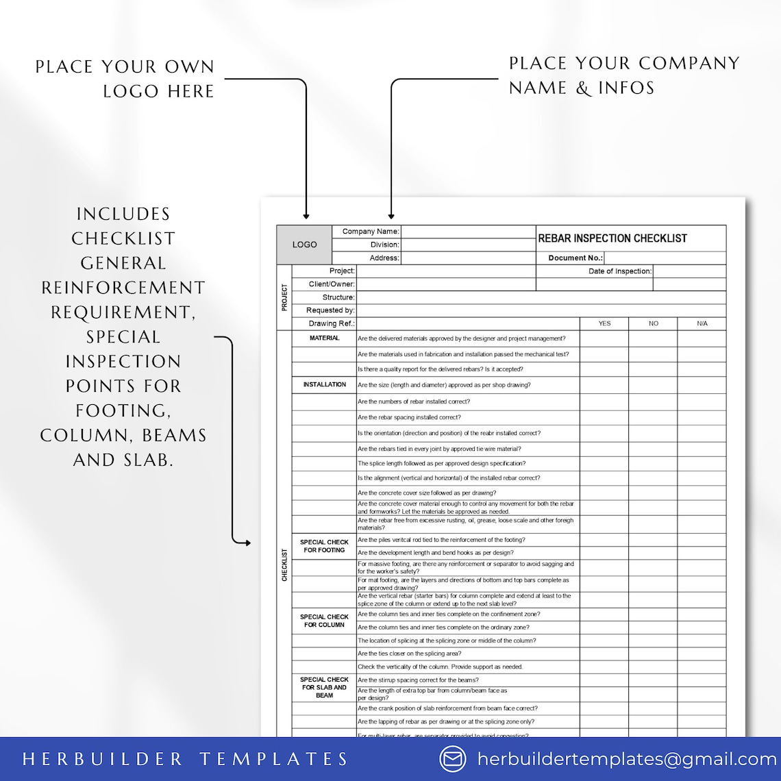 Rebar Inspection Checklist, Reinforcement Checklist, Quality Control Inspection Form ...