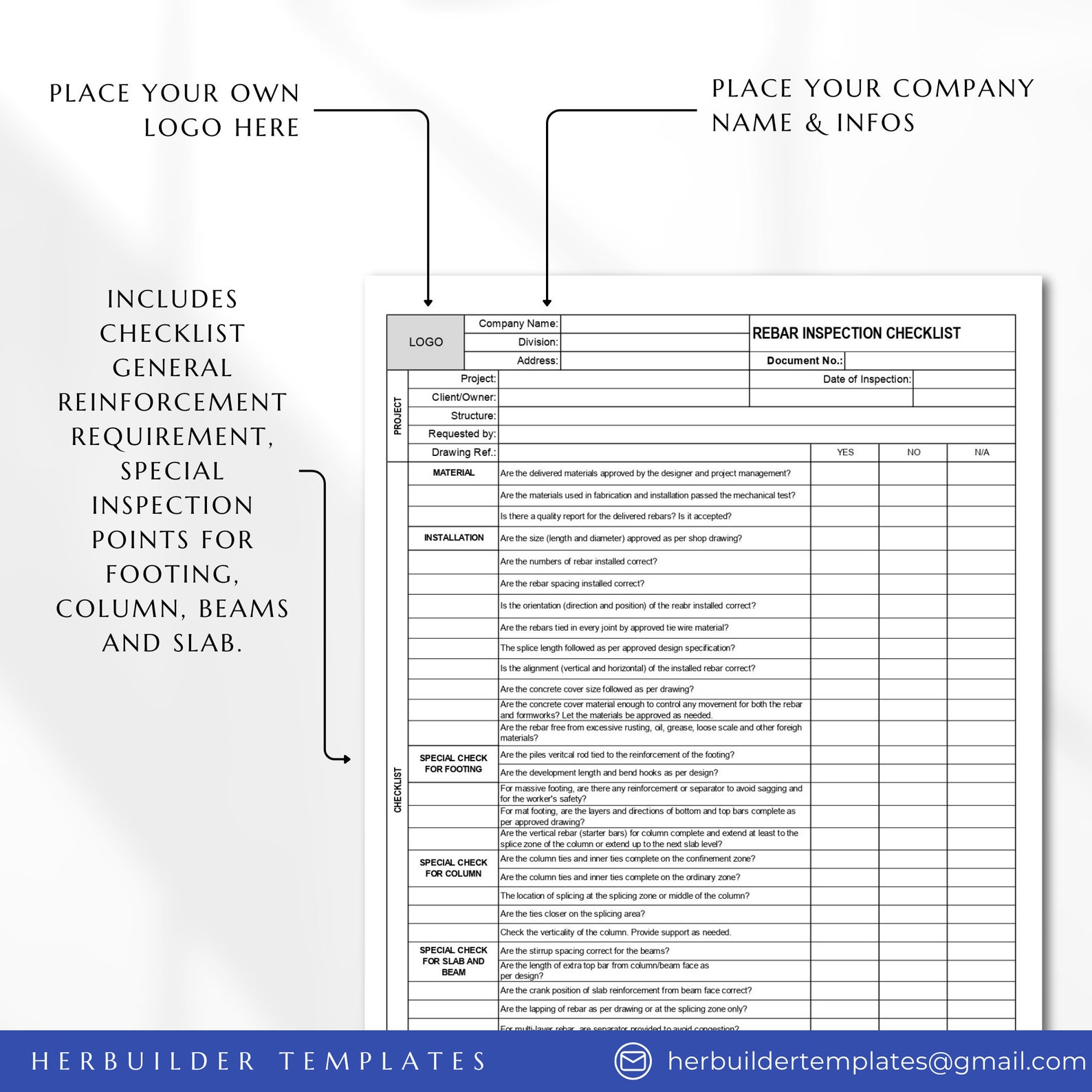 Rebar Inspection Checklist, Reinforcement Checklist, Quality Control ...