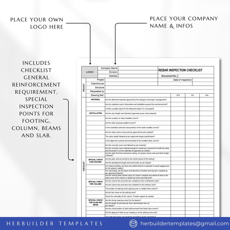 Rebar Inspection Checklist, Reinforcement Checklist, Quality Control ...