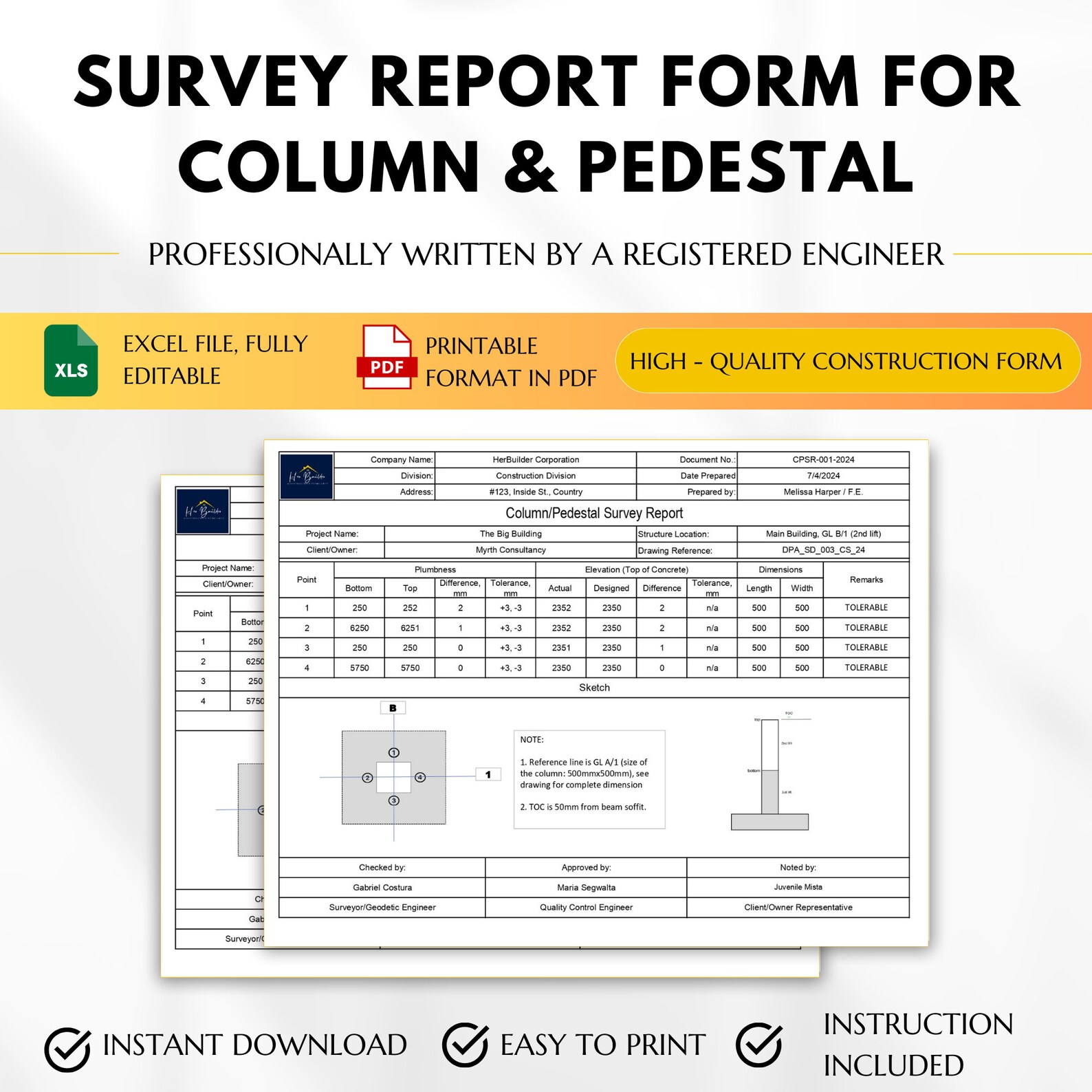Column and Pedestal Survey Report Form, Geodetic Engineer's Form ...