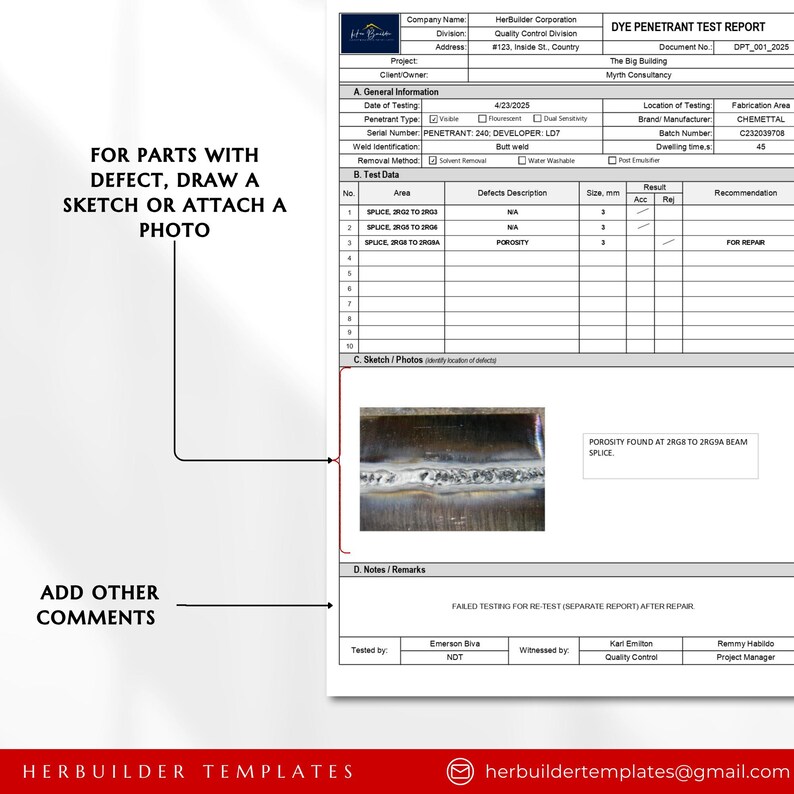 Dye Penetrant Test Report Form, Liquid Penetrant Test Report, Weld Test ...