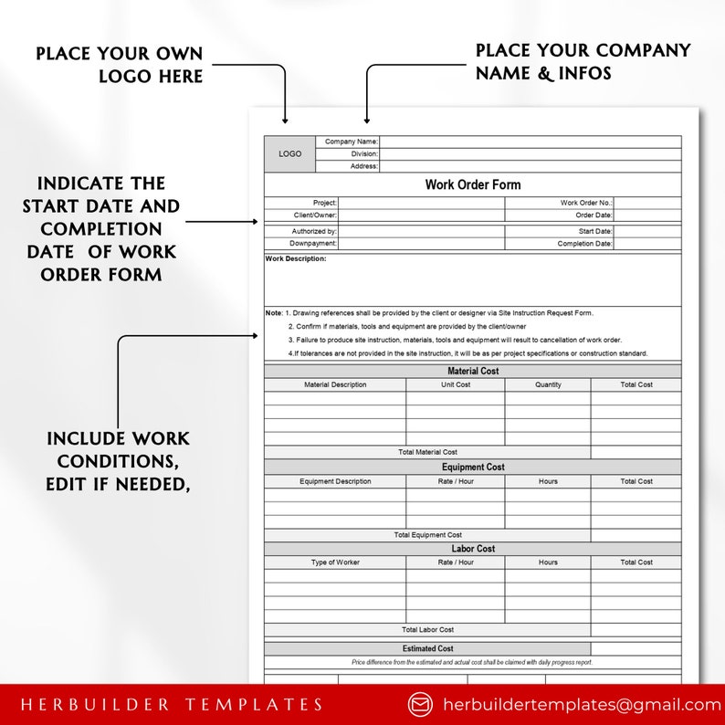Construction Work Order Form, Site Job Order Form, Request to Proceed ...
