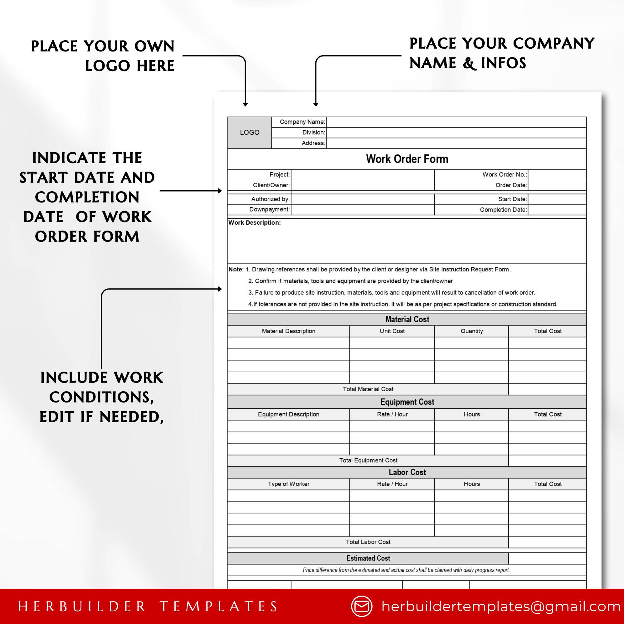 Construction Work Order Form, Site Job Order Form, Request to Proceed ...