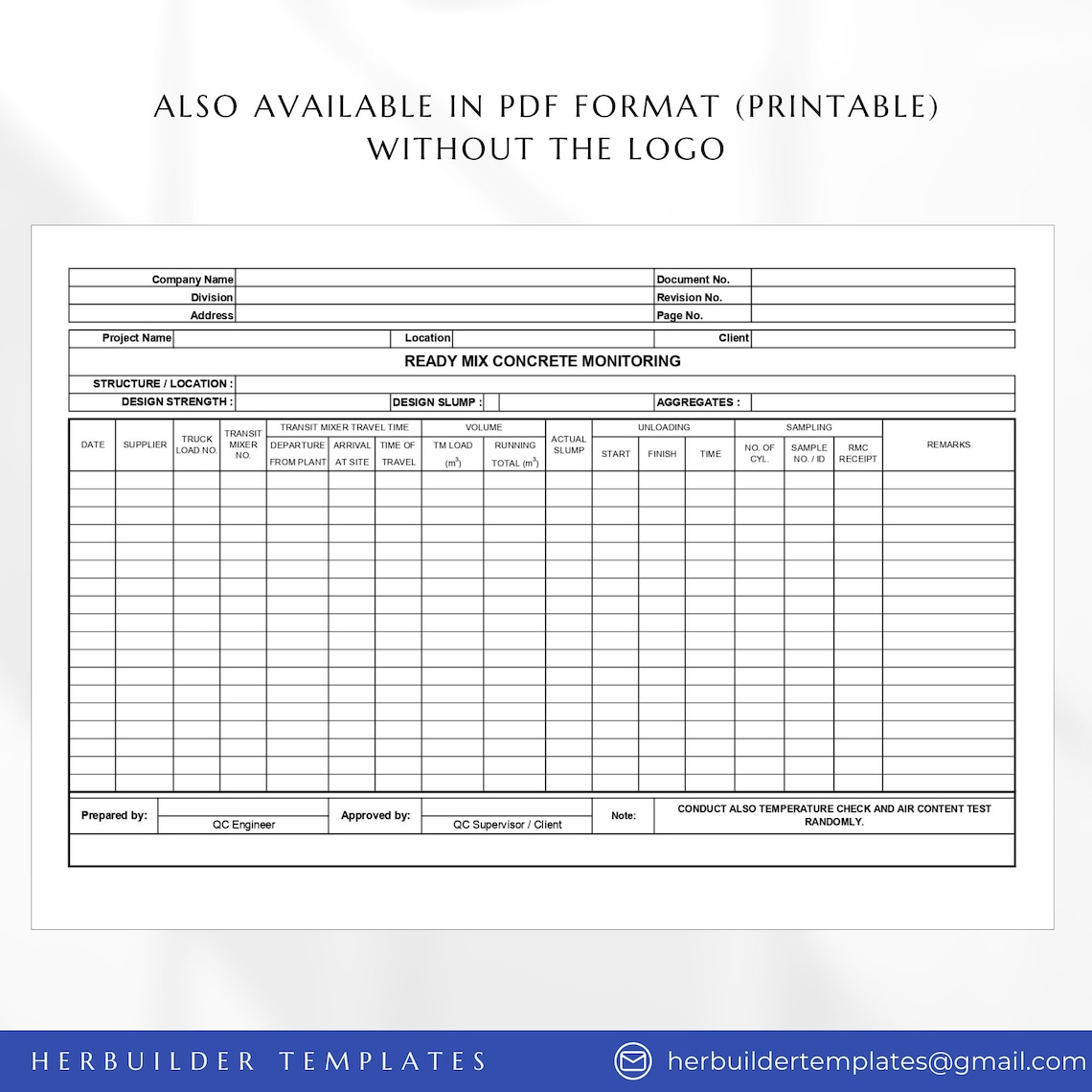 Ready Mix Concrete Monitoring Form, Concrete Pouring Monitoring Log ...