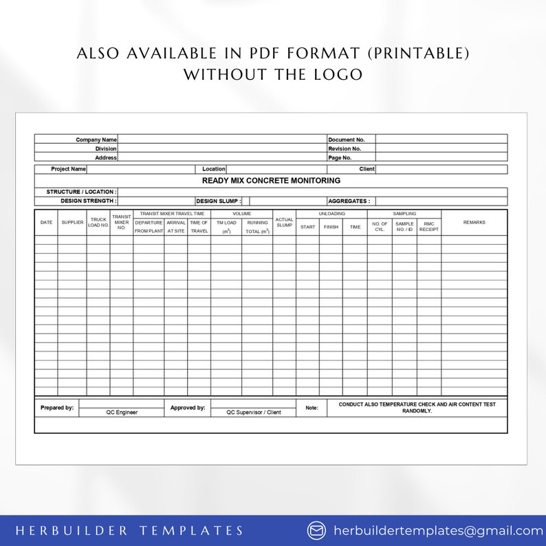 Ready Mix Concrete Monitoring Form, Concrete Pouring Monitoring Log ...