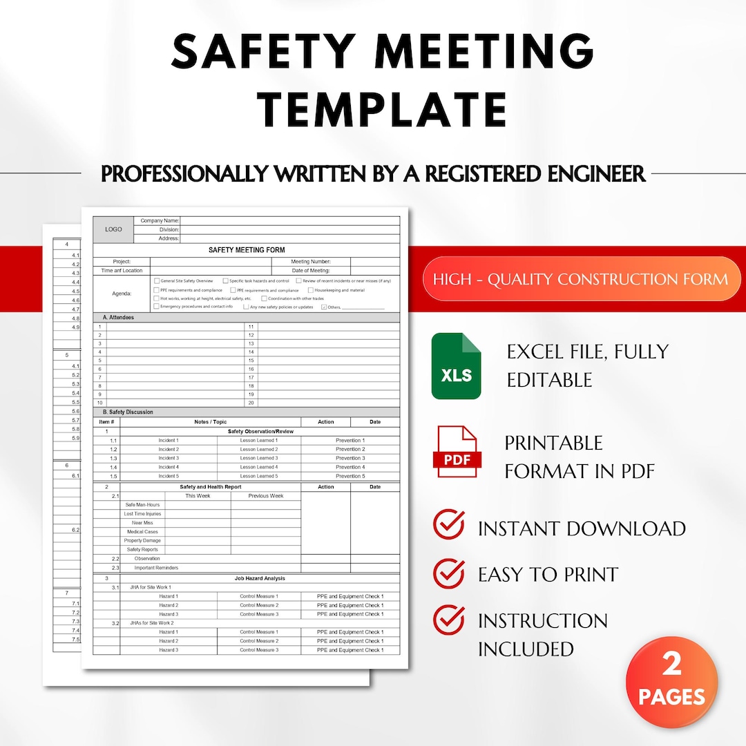 Safety Meeting Template, Safety Minutes of Meeting, Construction ...