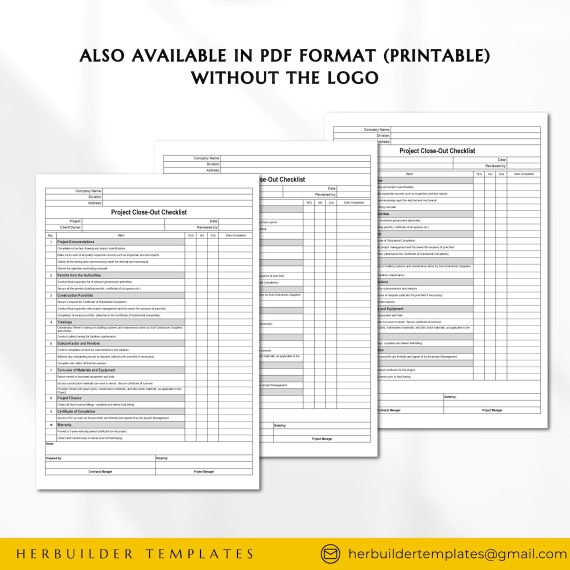 Project Close-out Checklist, Project Completion Form, Certificate of ...