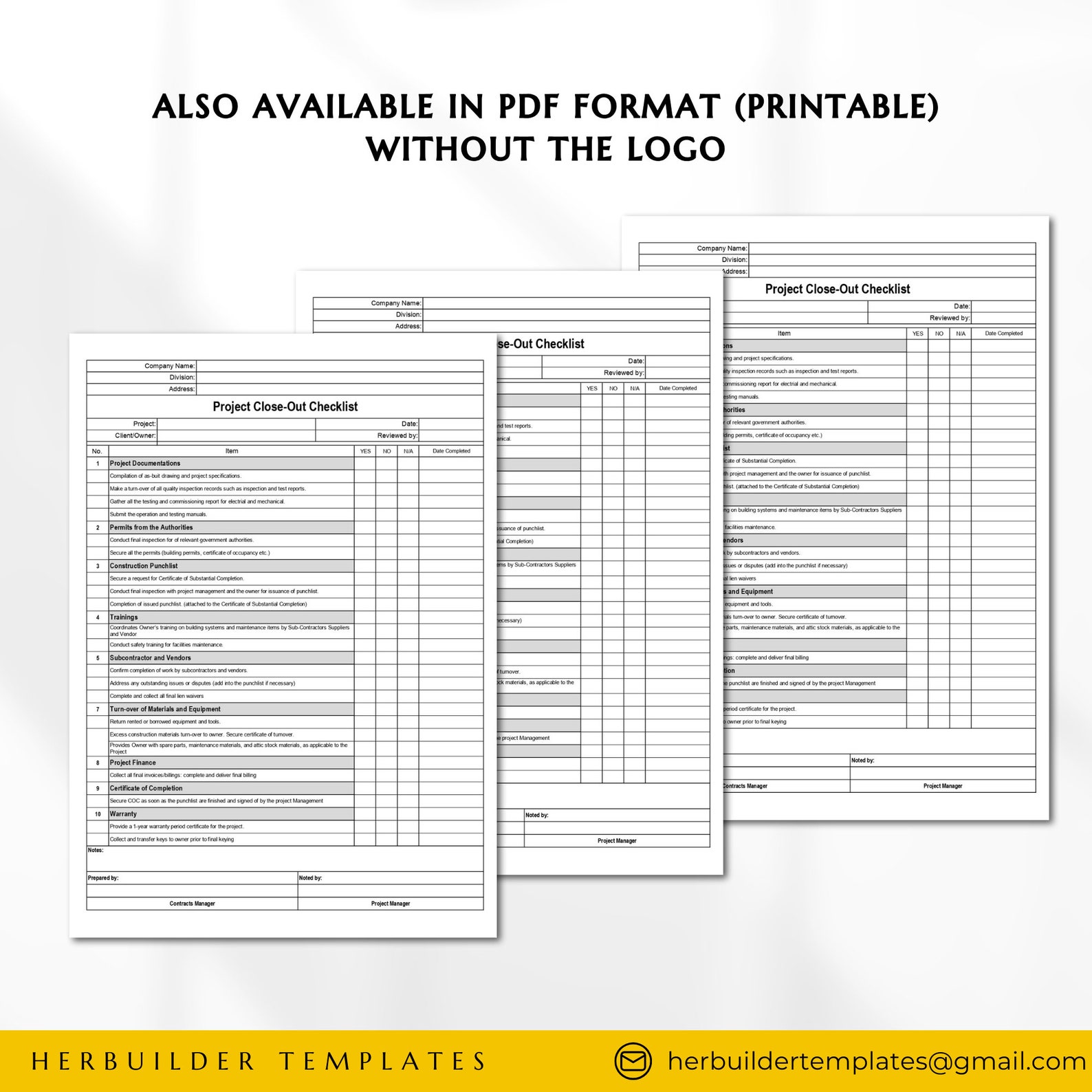 Project Close-out Checklist, Project Completion Form, Certificate of ...