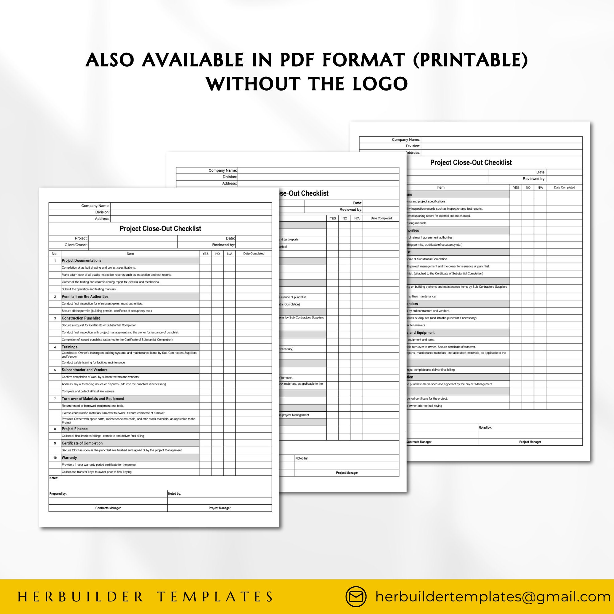 Project Close-out Checklist, Project Completion Form, Certificate of ...