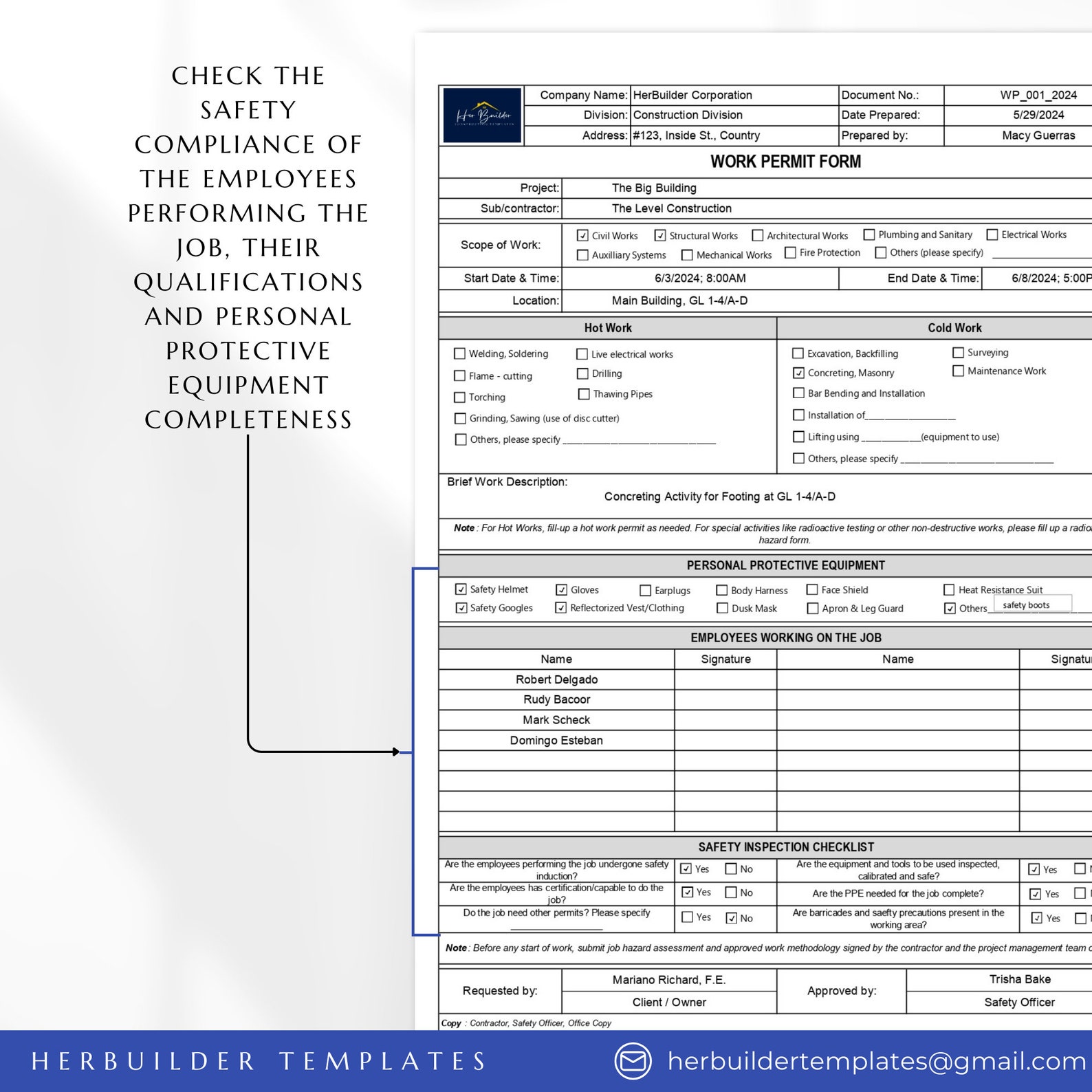 Construction Work Permit Form, Permit to Work Form, Safety Inspection ...