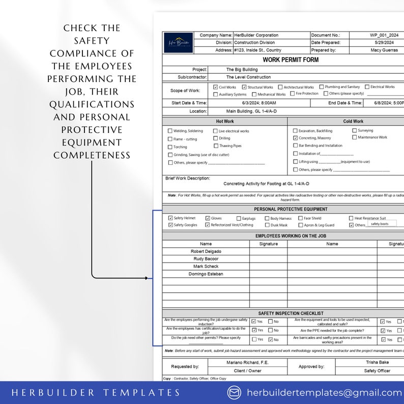 Construction Work Permit Form, Permit to Work Form, Safety Inspection ...