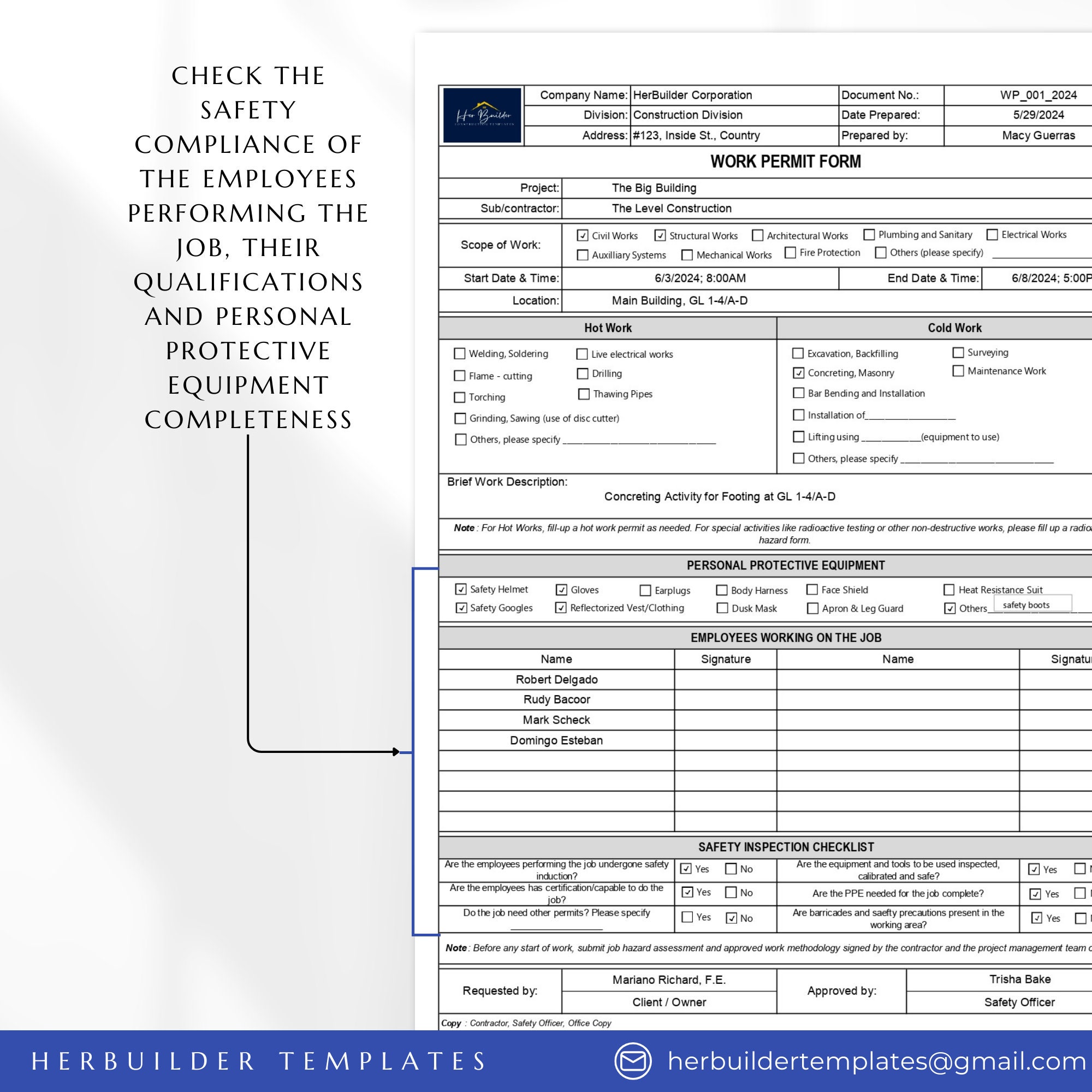 Construction Work Permit Form, Permit to Work Form, Safety Inspection ...