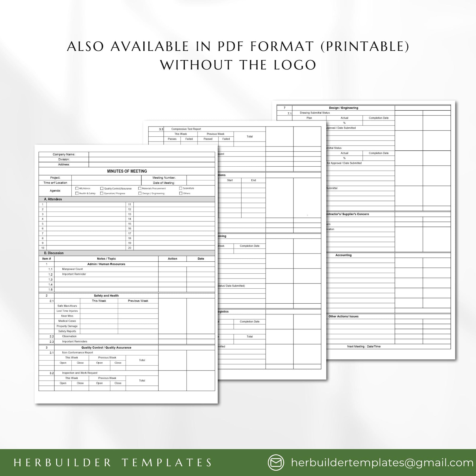 Construction Minutes of Meeting Template, Meeting Form, Meeting ...
