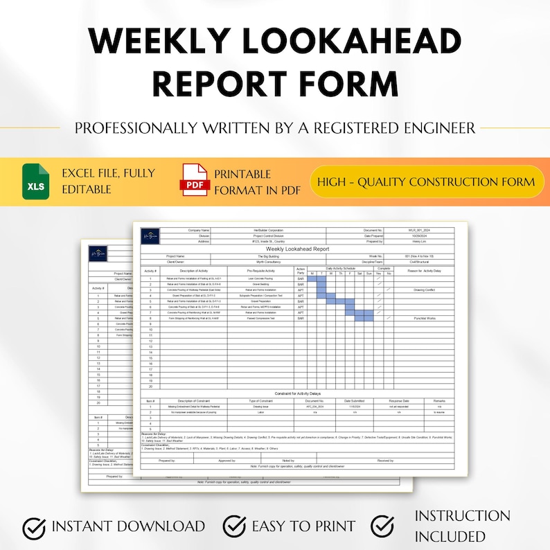 Weekly Lookahead Report Form, Construction Weekly Schedule, Project ...