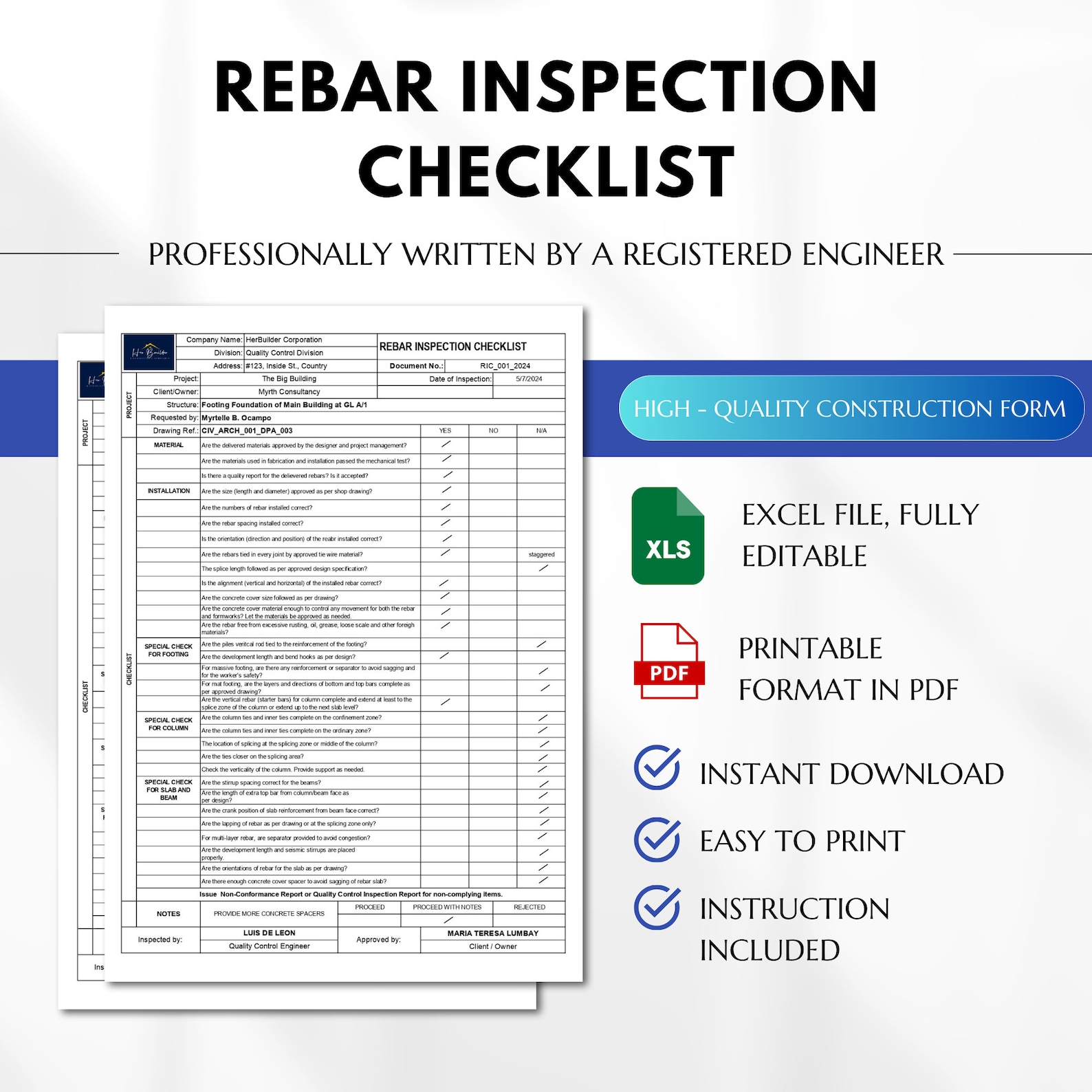 Rebar Inspection Checklist, Reinforcement Checklist, Quality Control ...
