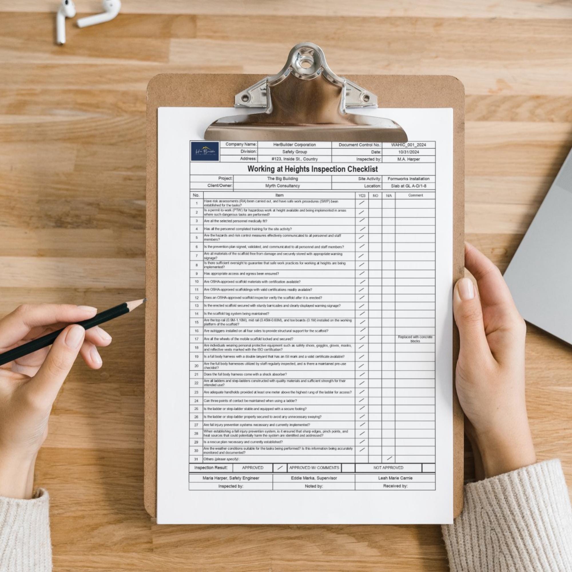 Working at Heights Inspection Checklist for Construction, Safety at ...