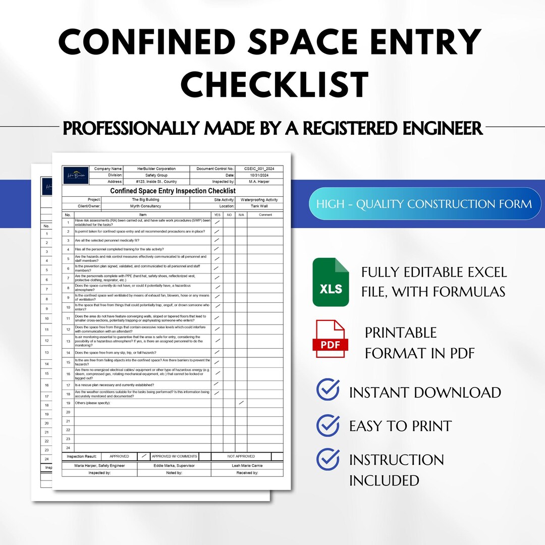 Confined Space Entry Inspection Checklist, Safety Checklist, Confined Space Safety Procedure ...