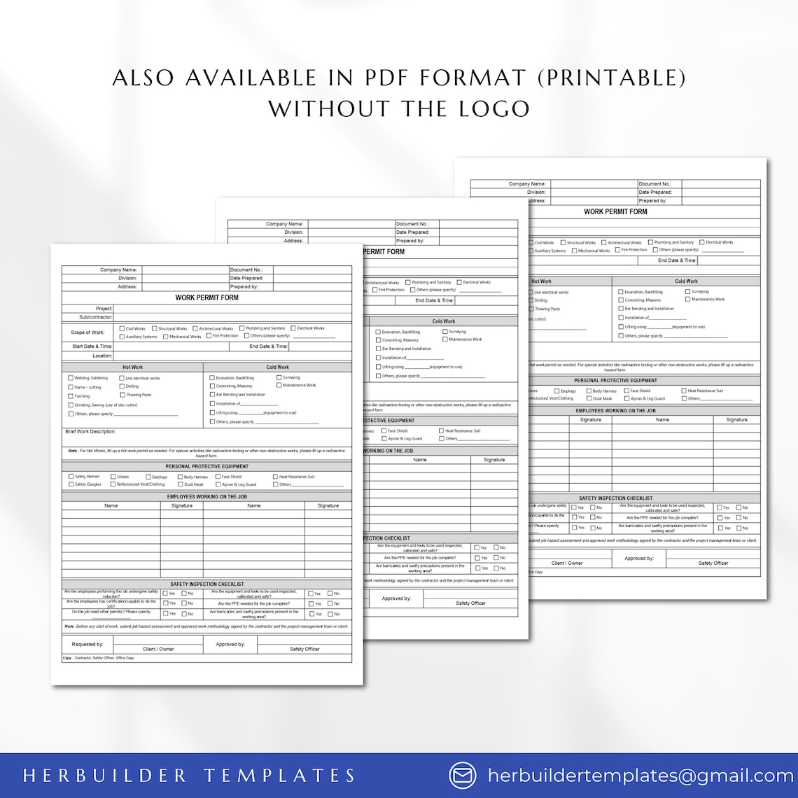 Construction Work Permit Form, Permit to Work Form, Safety Inspection ...