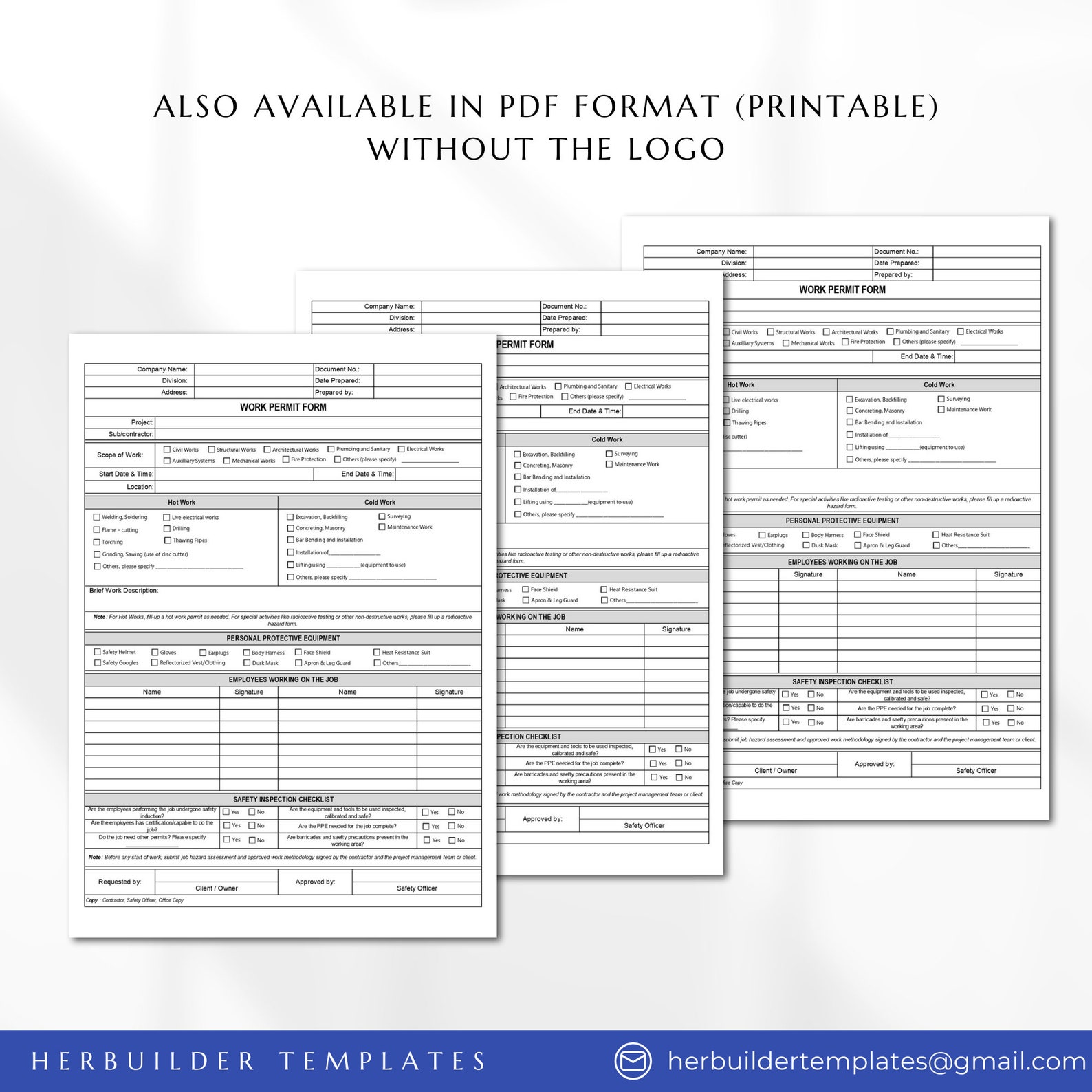 Construction Work Permit Form, Permit to Work Form, Safety Inspection ...