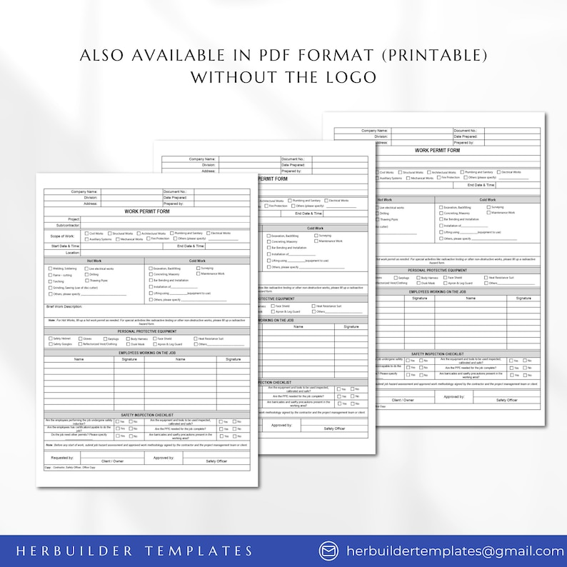 Construction Work Permit Form, Permit to Work Form, Safety Inspection ...