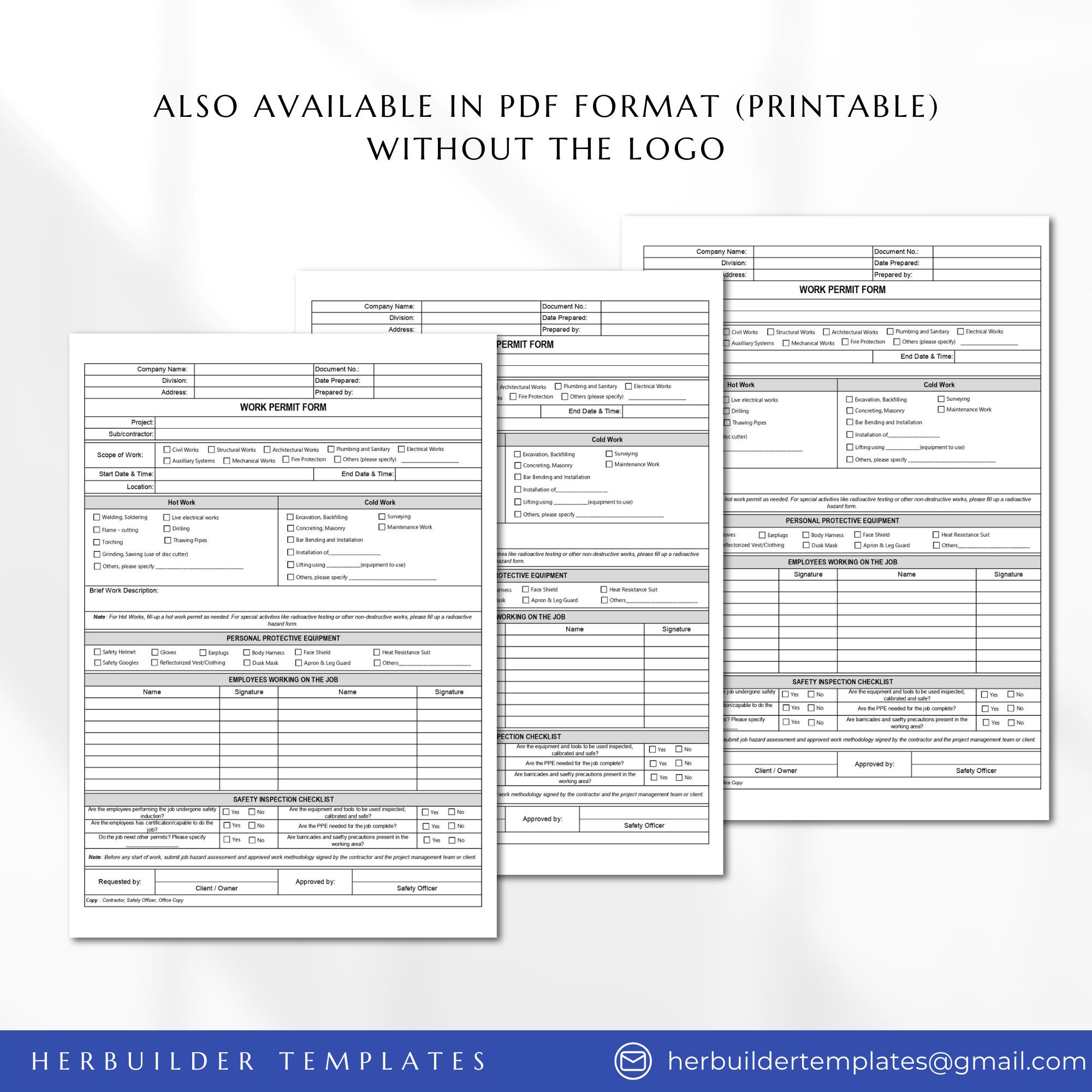 Construction Work Permit Form, Permit to Work Form, Safety Inspection ...