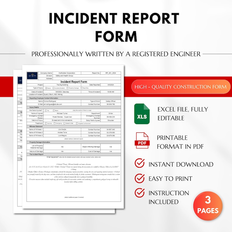 Incident Report Form, Safety Incident Investigation Form, Construction ...