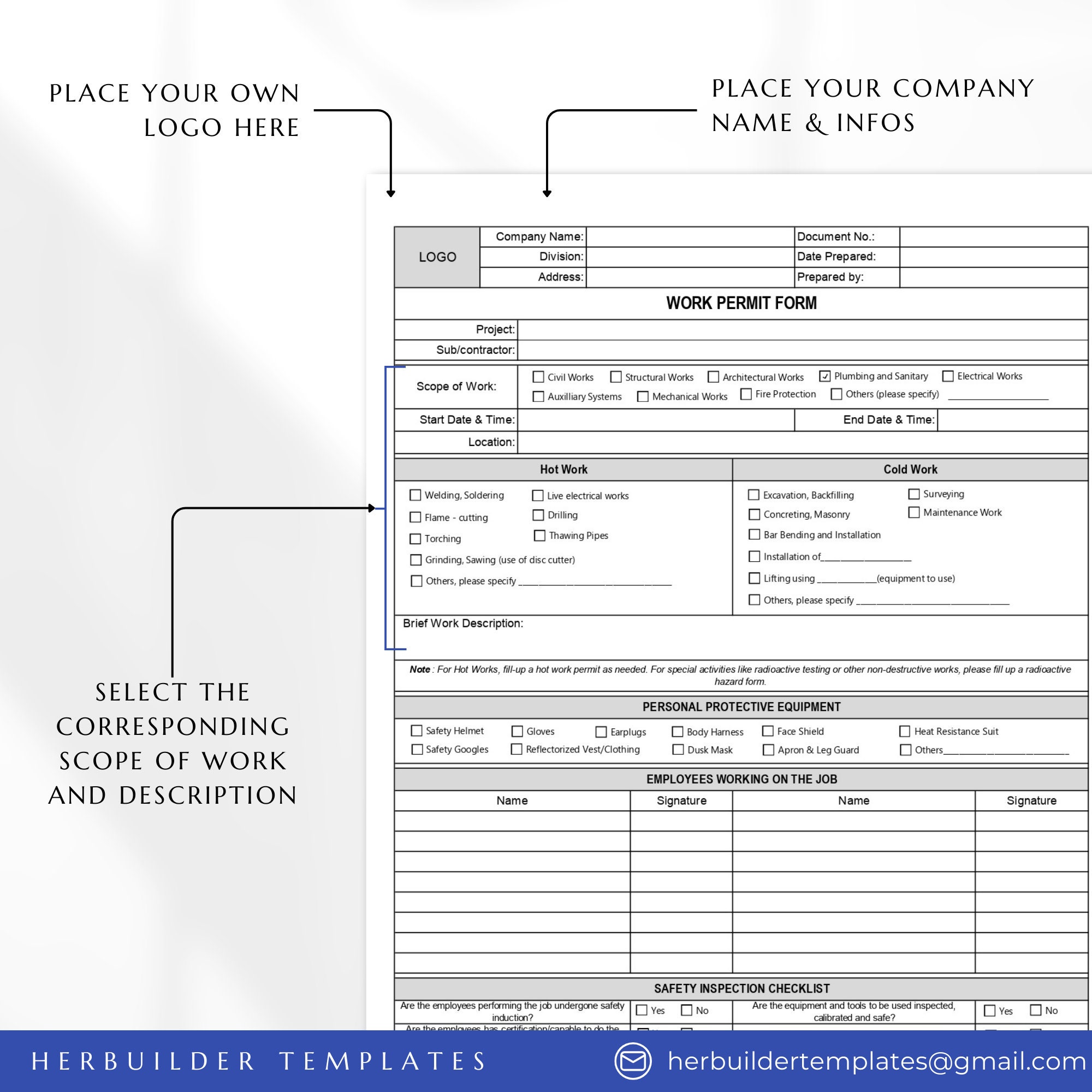 Construction Work Permit Form, Permit to Work Form, Safety Inspection ...