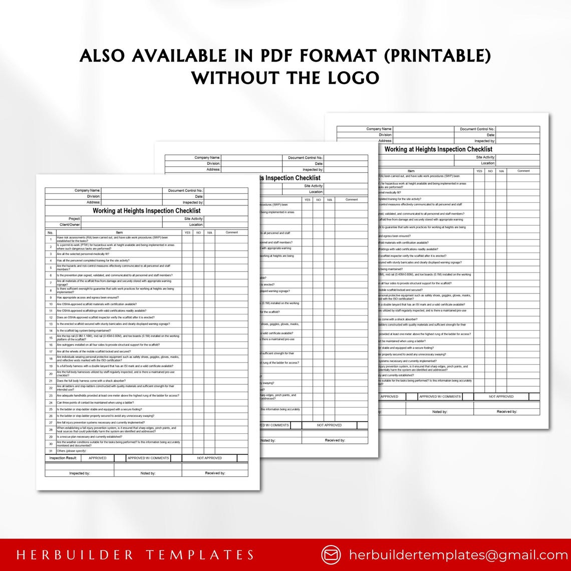 Working at Heights Inspection Checklist for Construction, Safety at ...
