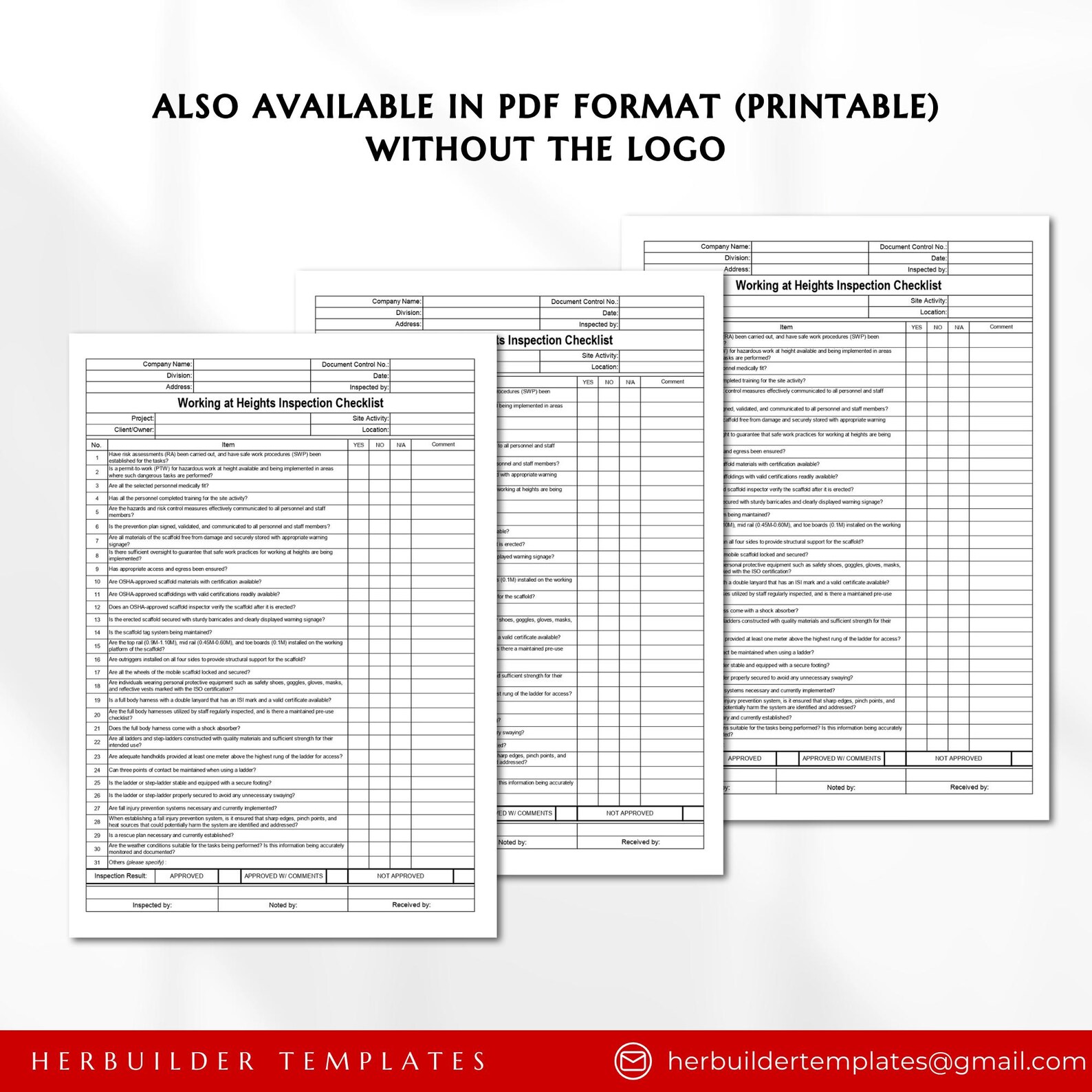 Working at Heights Inspection Checklist for Construction, Safety at ...