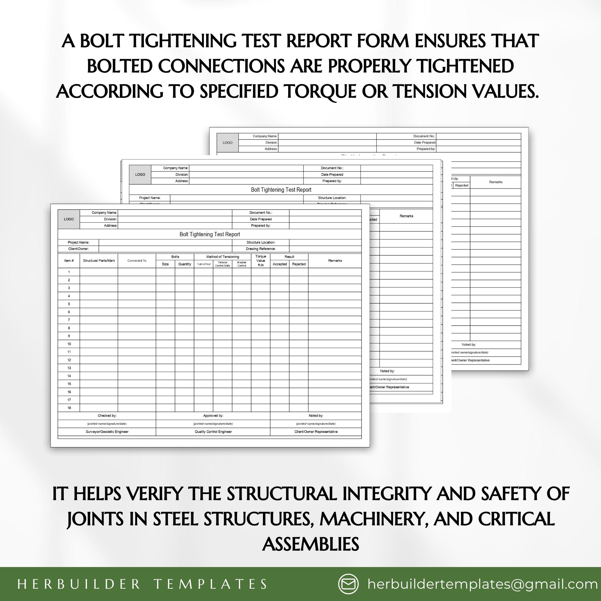 Bolt Tightening Test Report Form, Bolt Torqueing Test Report, Bolt ...