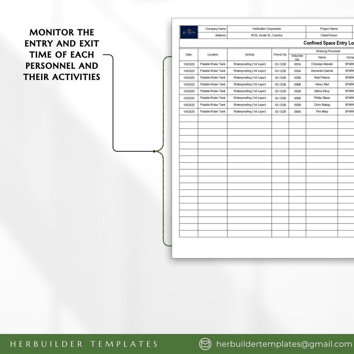 Confined Space Entry Log, Confine Space Entry Register, Log-in and Out ...