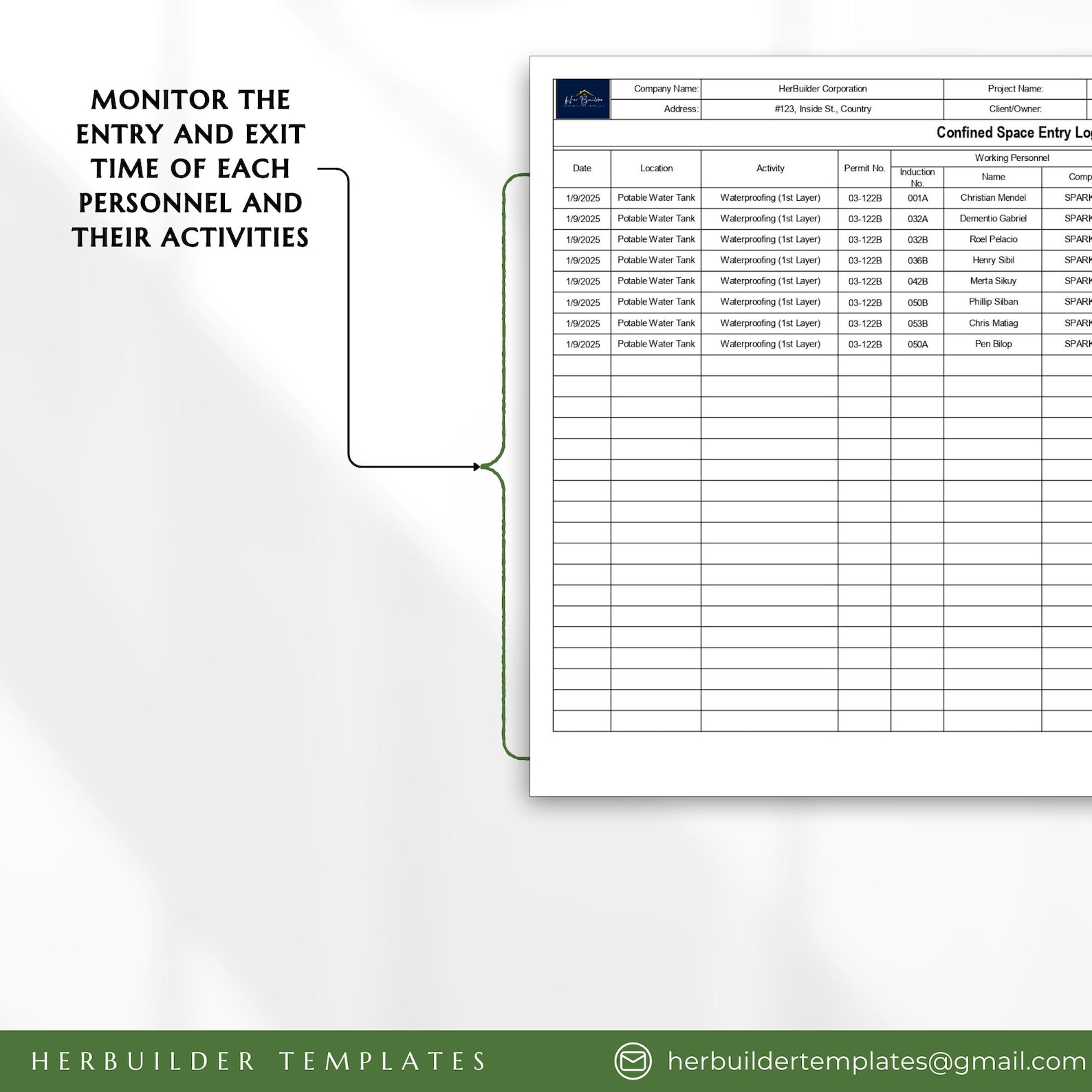 Confined Space Entry Log, Confine Space Entry Register, Log-in and Out ...