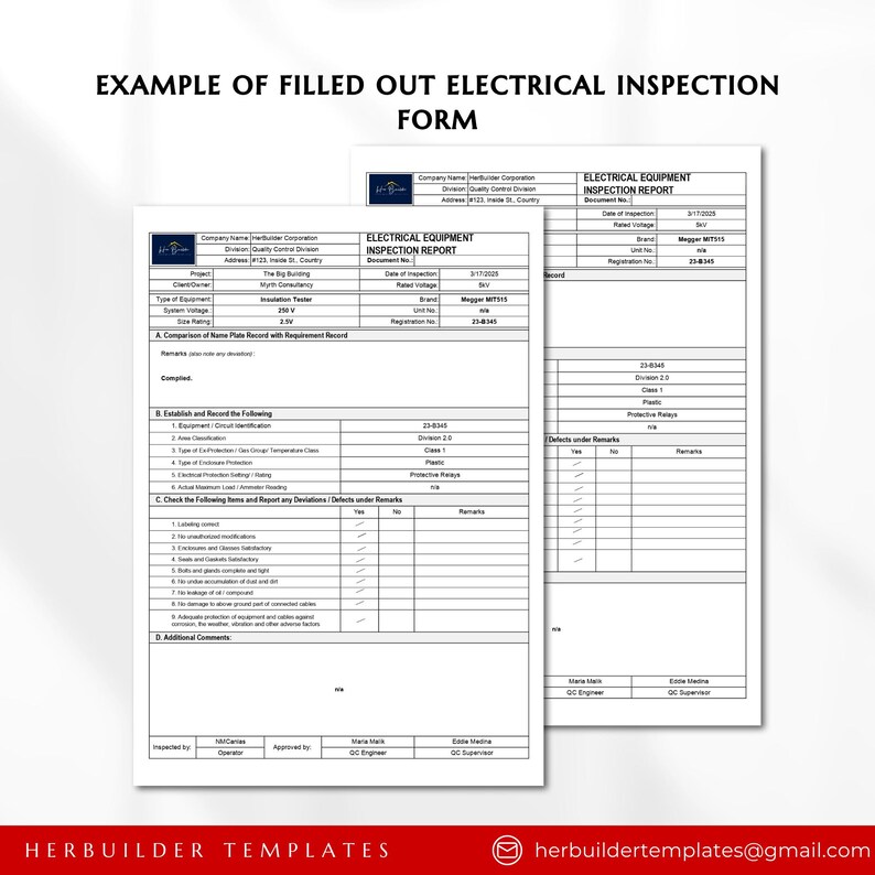 Electrical Equipment Inspection Form, Equipment Test Form, Equipment ...