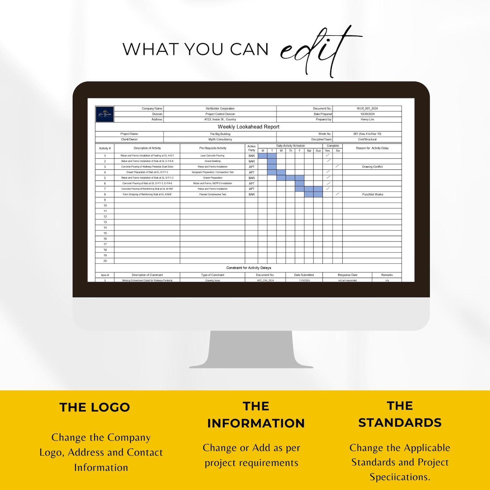 Weekly Lookahead Report Form, Construction Weekly Schedule, Project ...