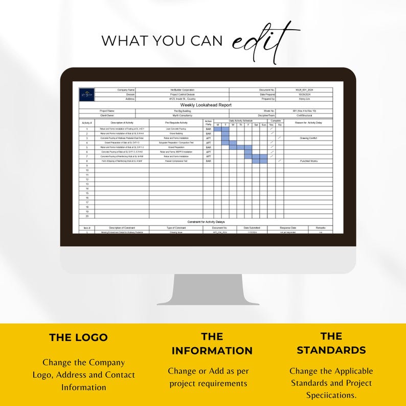 Weekly Lookahead Report Form, Construction Weekly Schedule, Project ...