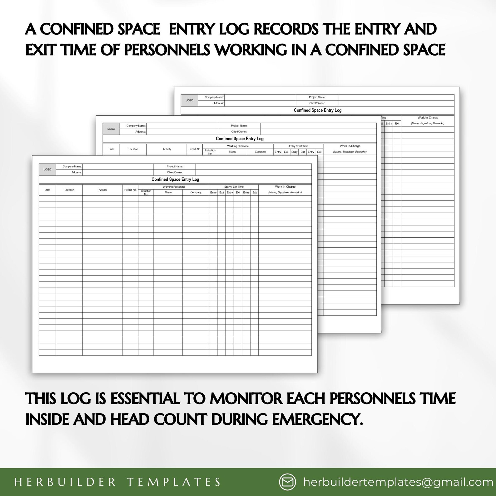 Confined Space Entry Log, Confine Space Entry Register, Log-in and Out ...