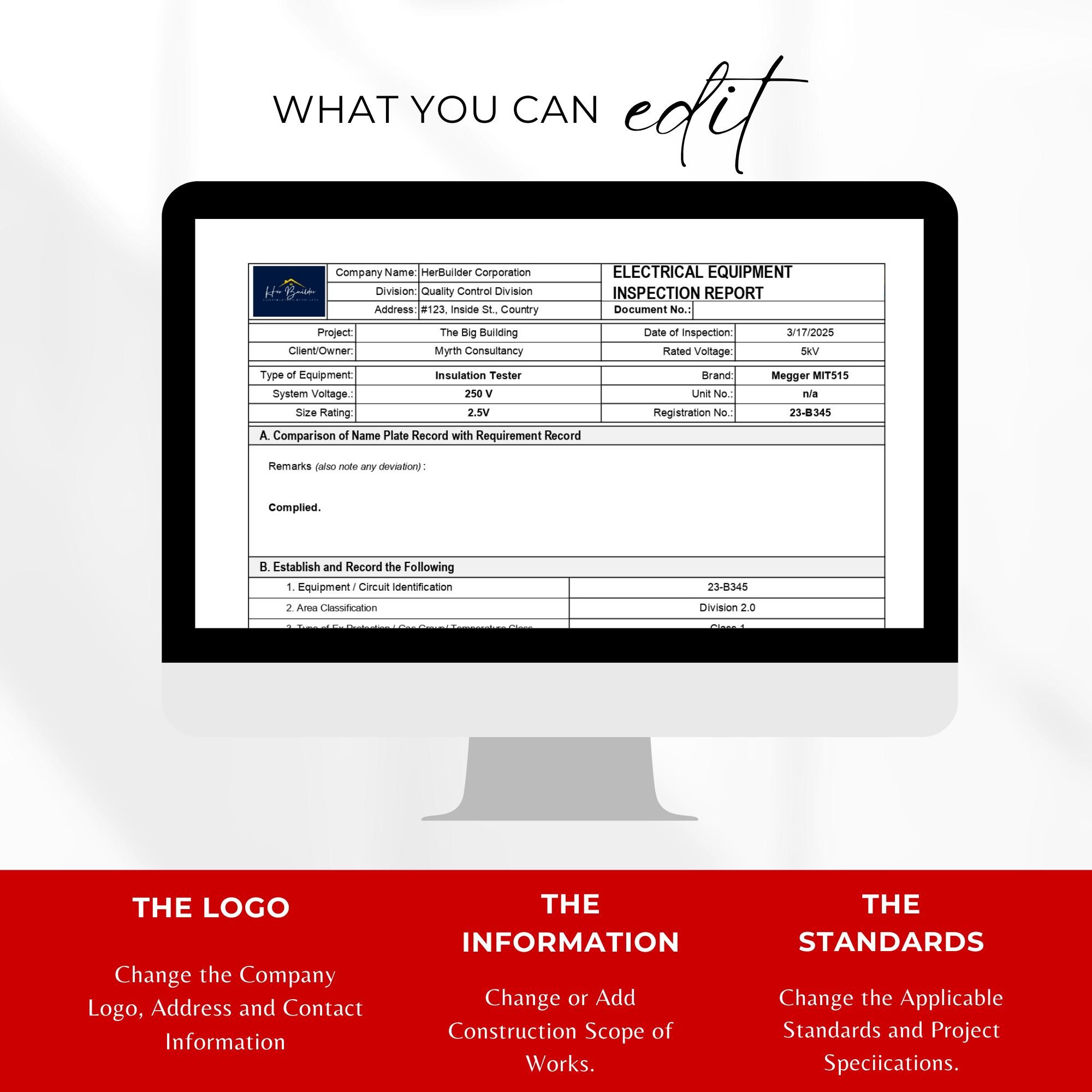 Electrical Equipment Inspection Form, Equipment Test Form, Equipment ...