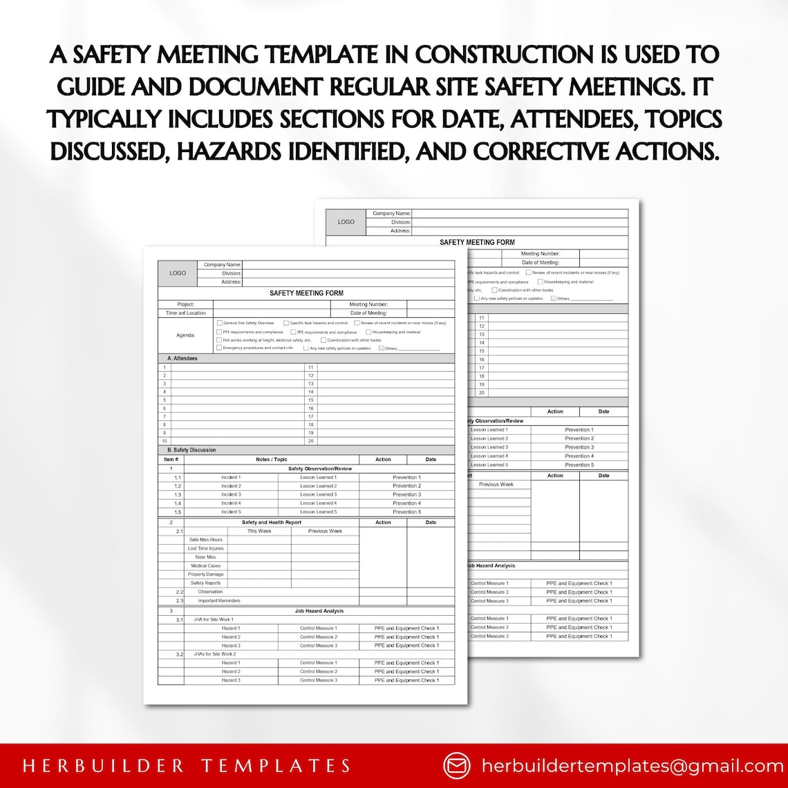 Safety Meeting Template, Safety Minutes of Meeting, Construction ...