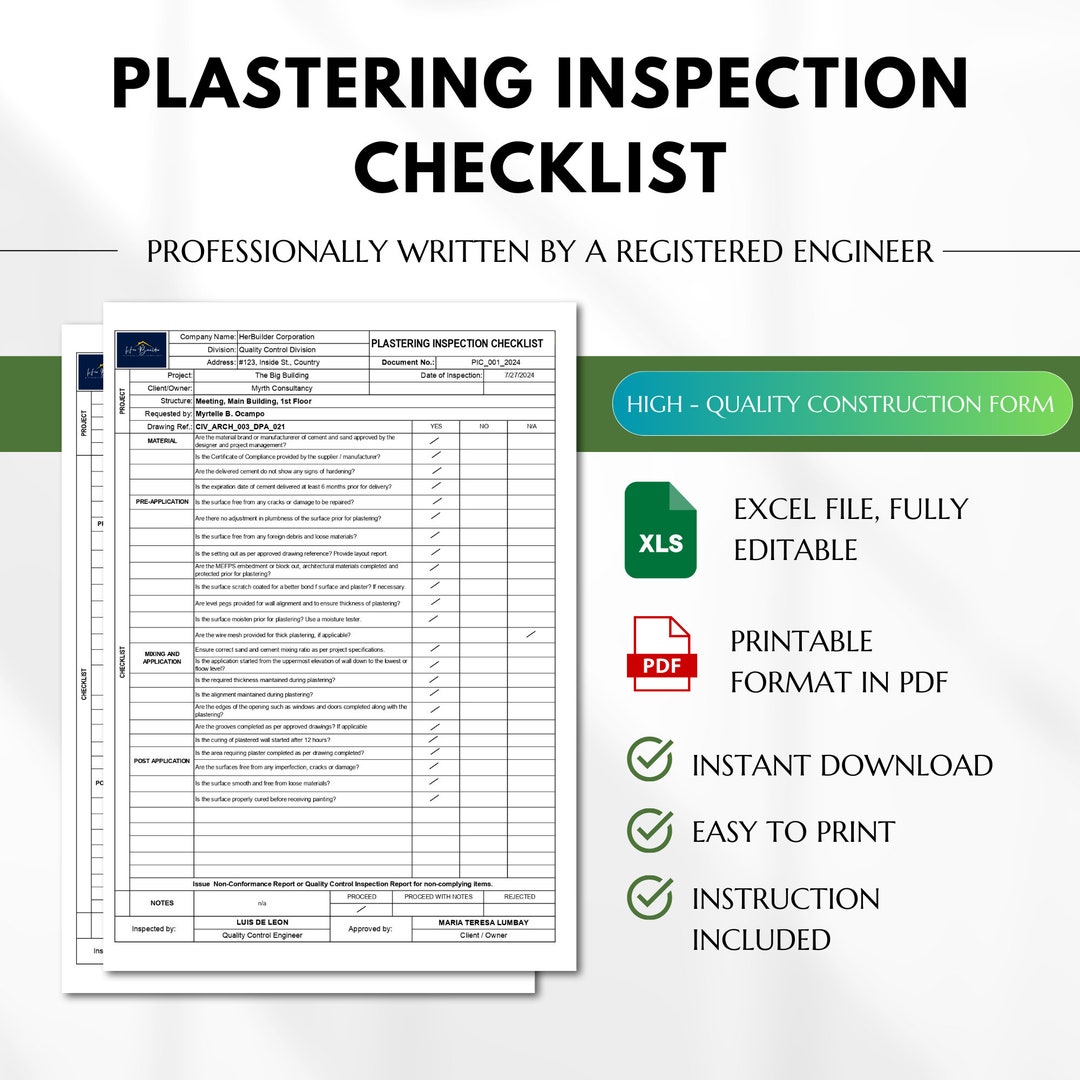 Plastering Inspection Checklist, Architectural Plastering Form, Wall ...